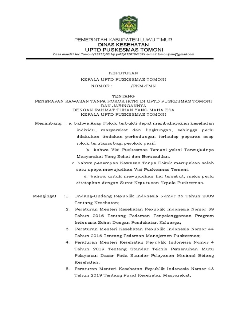 SK Penerapan KTR PKM Tomoni | PDF