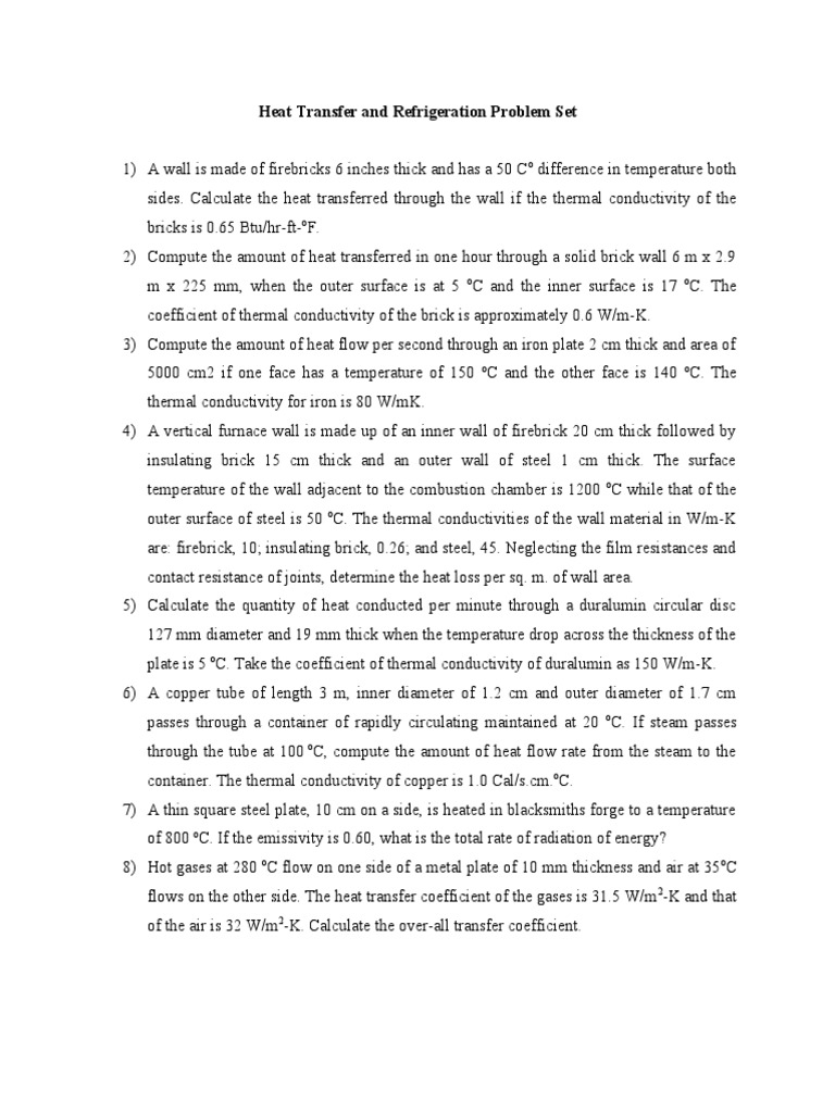 Heat Transfer and Refrigeration Problem Set | PDF | Heat Transfer | Continuum Mechanics