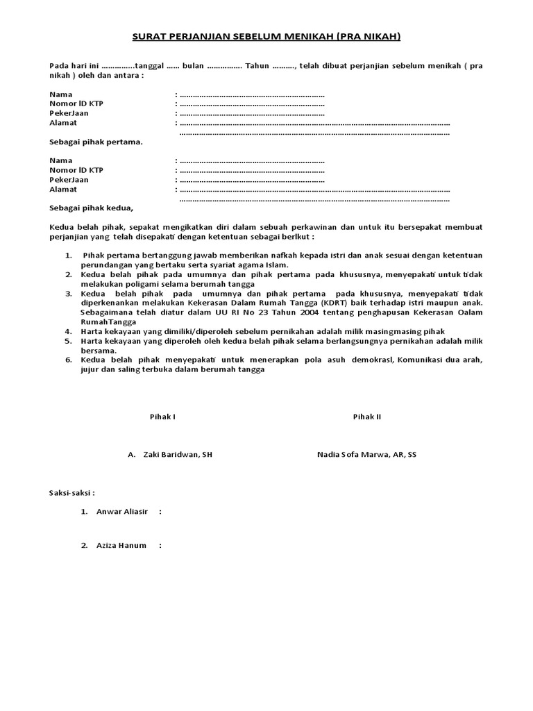 Contoh Surat Perjanjian Pra Nikah Dengan WNA | PDF