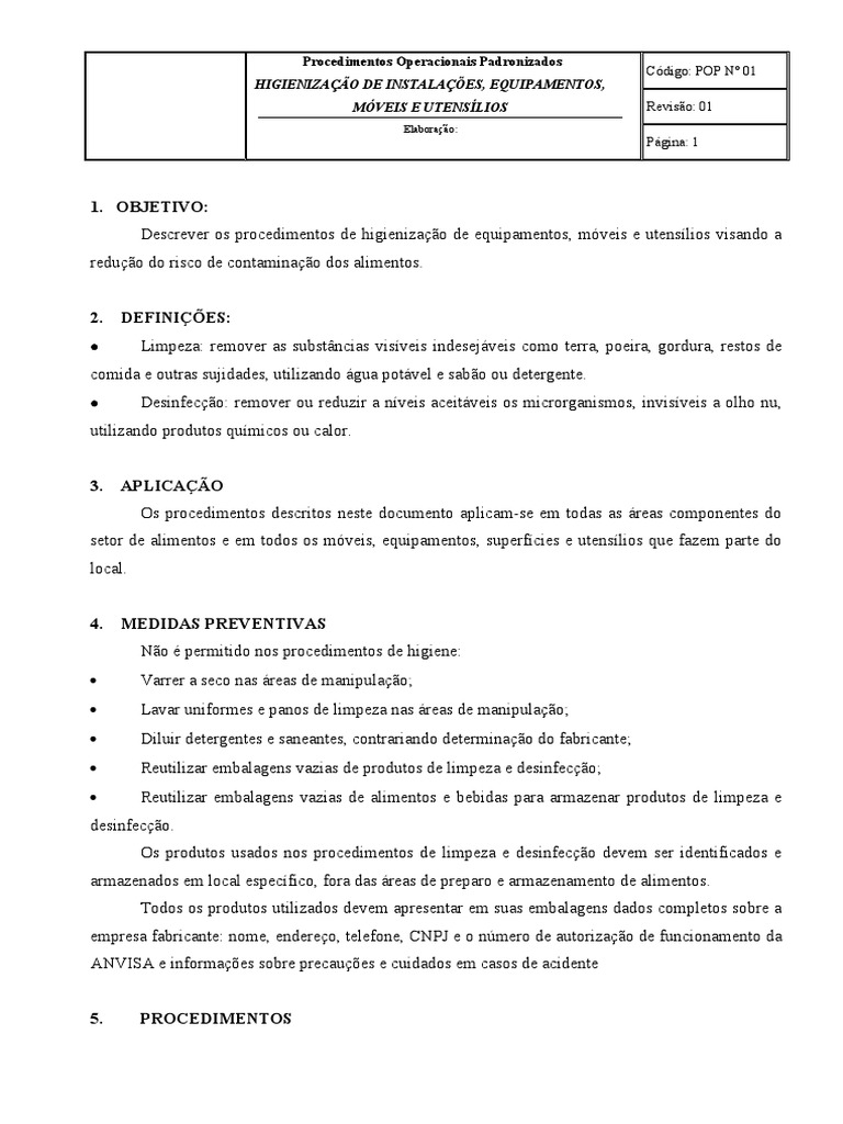 POP - 01 - Higienização de Equipamentos, Móveis e Utensílios | PDF