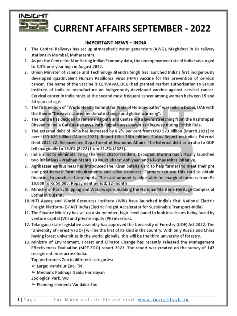 Current Affairs September - 2022: Important News - India | PDF ...