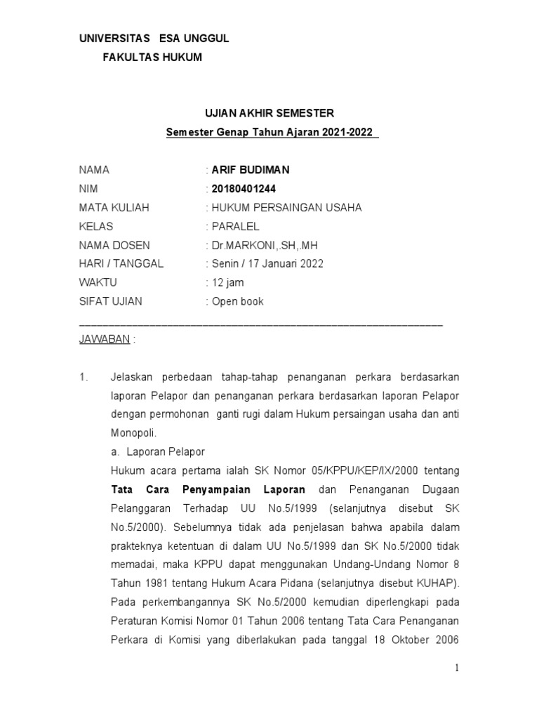 Arif Budiman - 20180401244 - Jawaban Uas - Hukum Persaingan Usaha | PDF