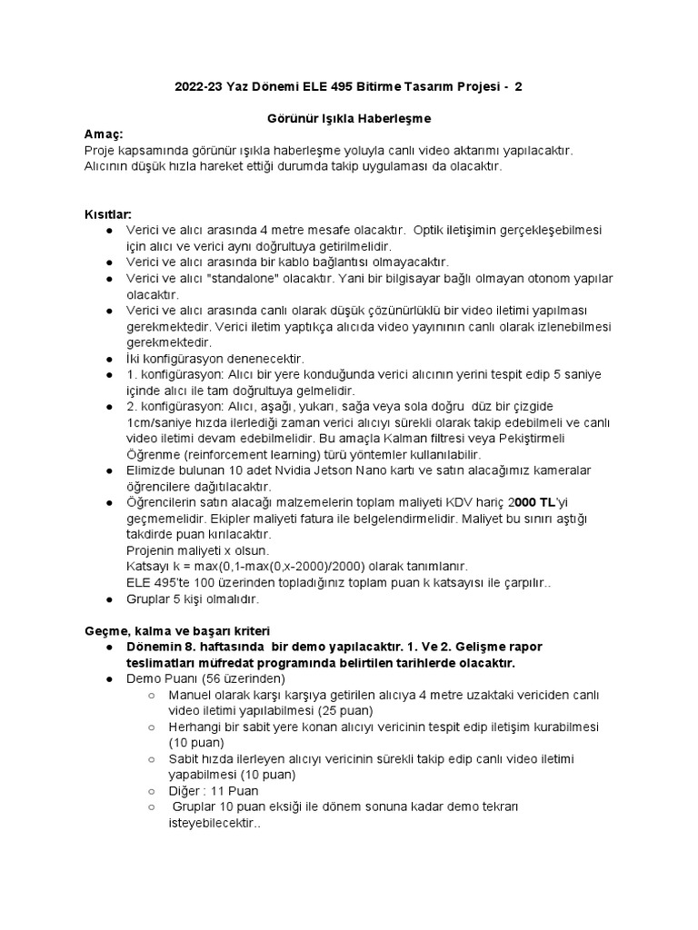 2022 23 Yaz D"nemi ELE 495 Bitirme Projesi | PDF