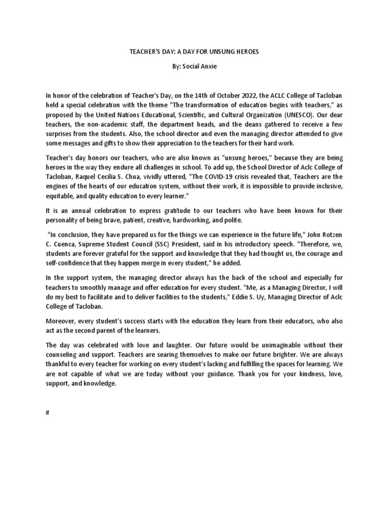 Teacher's Day Article (Editorial) | PDF