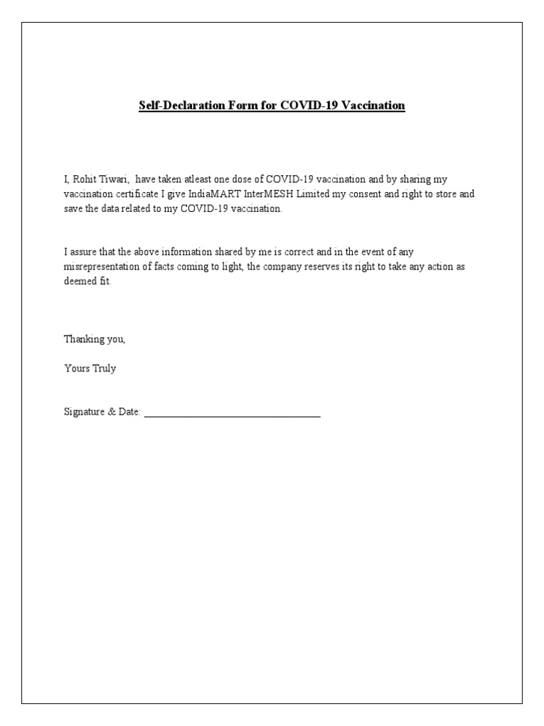 Self-Declaration For COVID 19 Vaccination - Sep | PDF