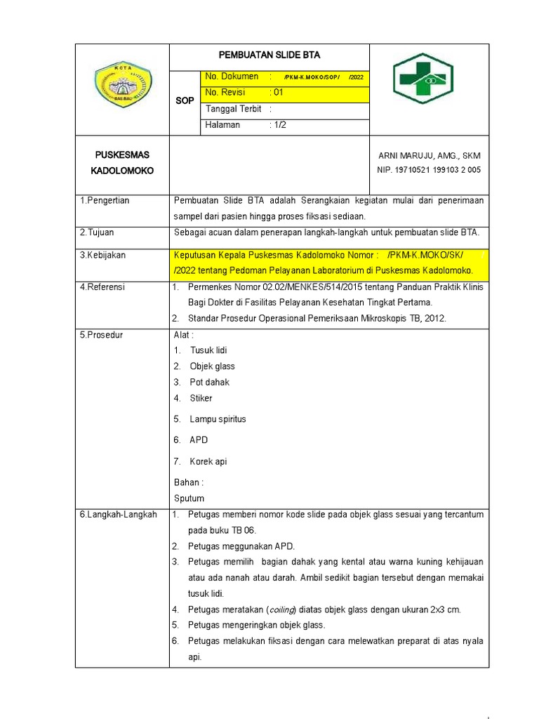 SOP Pembuatan Slide BTA | PDF