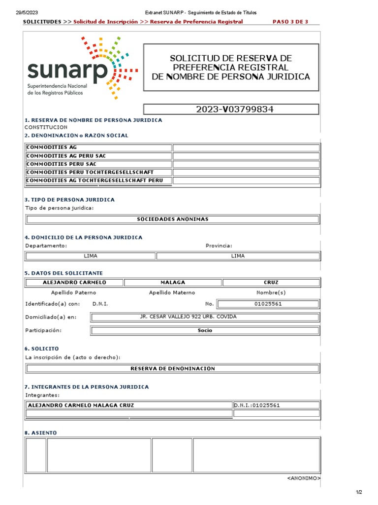 Reserva Nombre Sunarp Commodities Ag | PDF