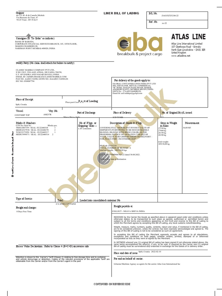 4.draft BL India | PDF | Cargo | Bill Of Lading