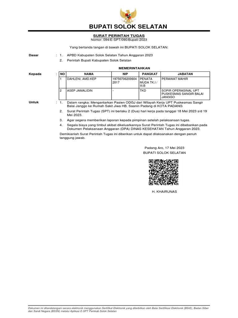 Surat Tugas Bupati Solok Selatan | PDF