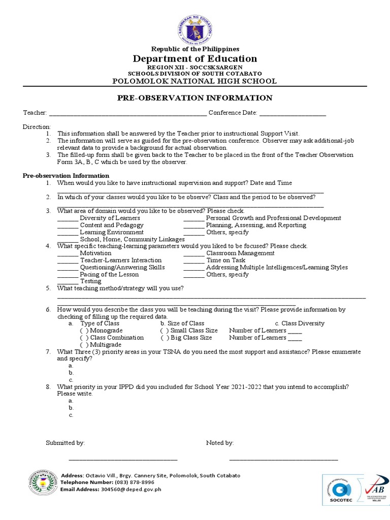 Pre-Observation Conference Guide | PDF | Teachers | Learning