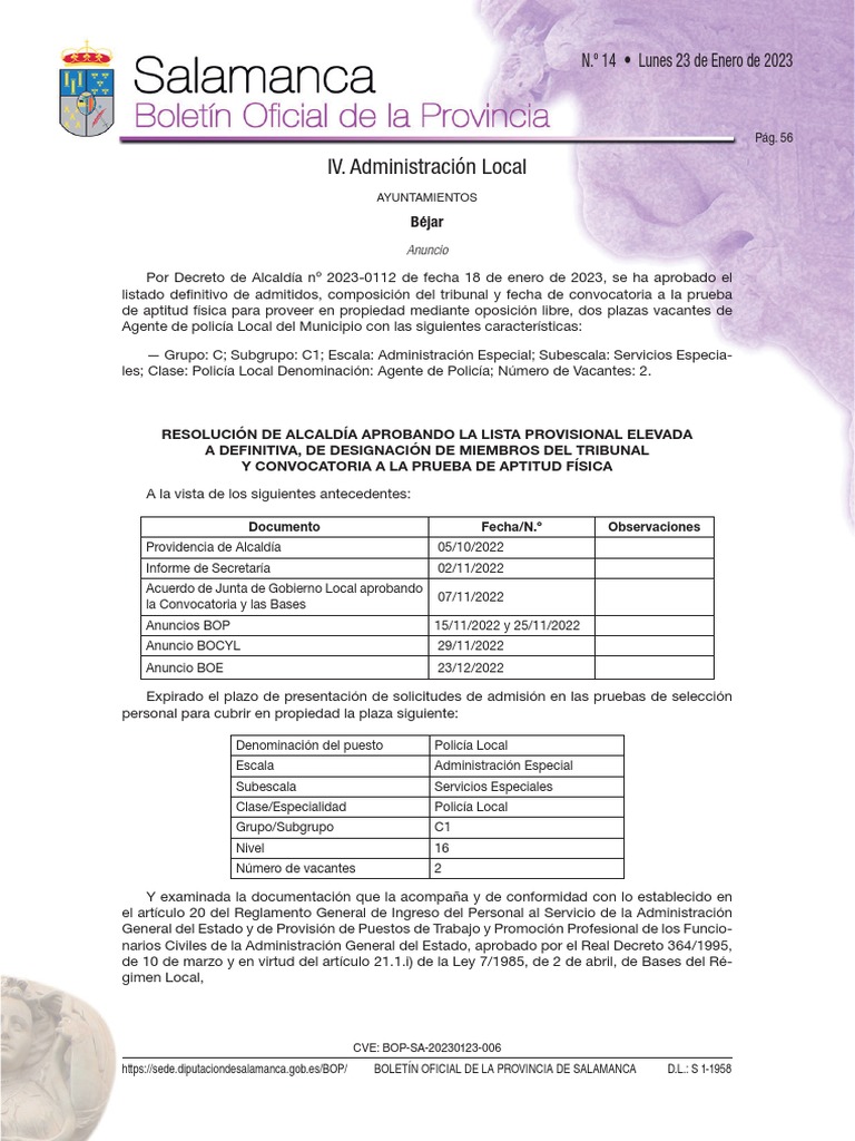 Bop Listado Definitivo Tribunal y Convocatoria Prueba Apt Fisica | PDF | Administración Pública ...