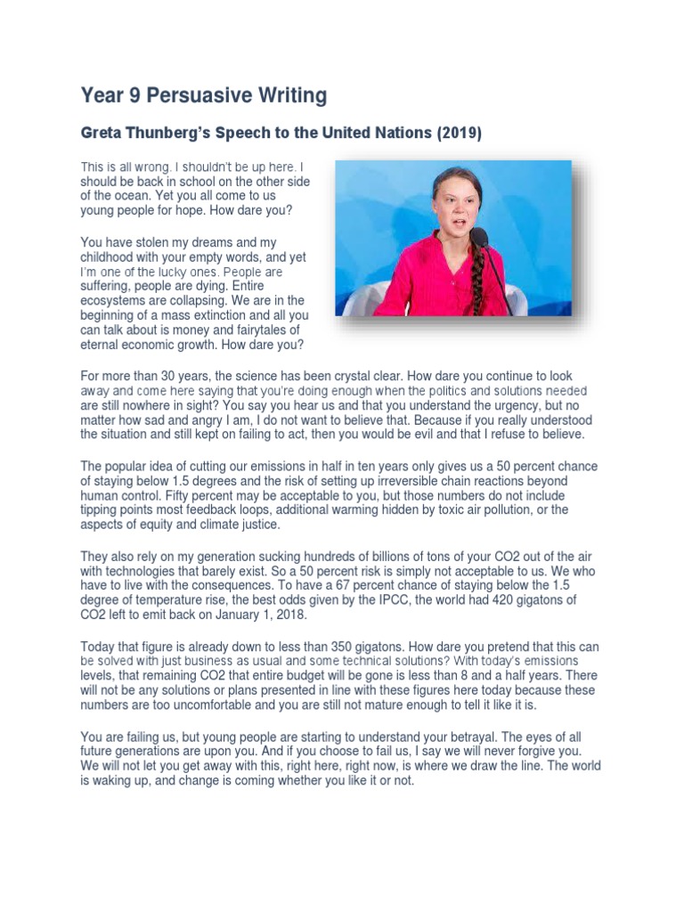 Thunberg's UN Climate Speech Analysis | PDF | Earth Sciences | Natural ...