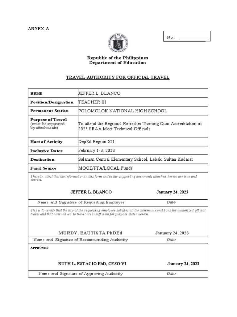 Authority To Travel For Official Travel | PDF | Government