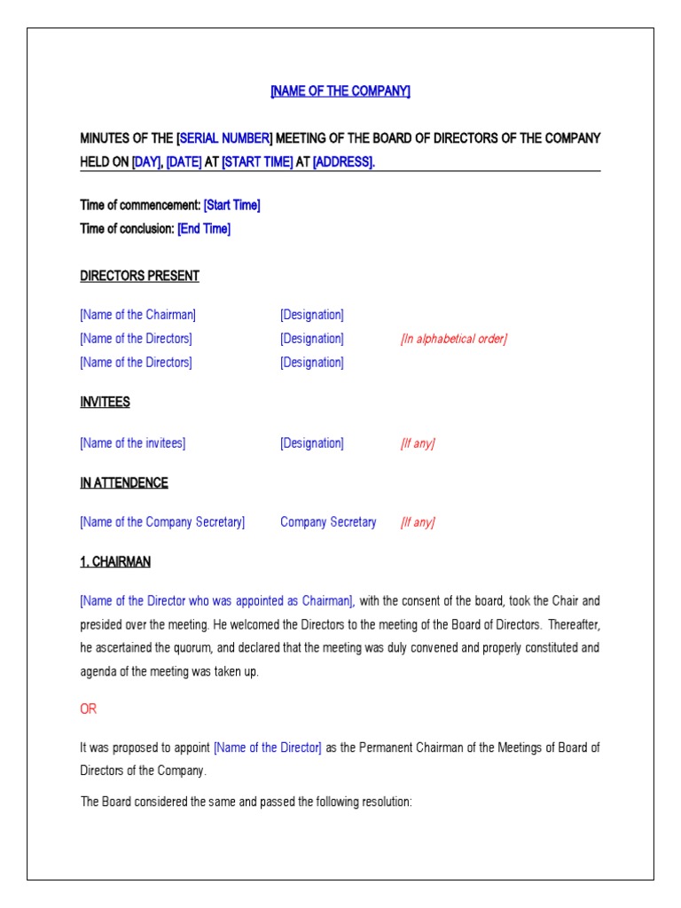 Draft Minutes Board Meeting Template For Assessment | PDF | Audit ...