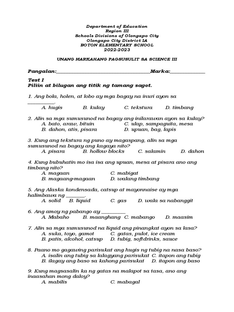 1st Periodical Test In Science 3 2022 2023 Pdf