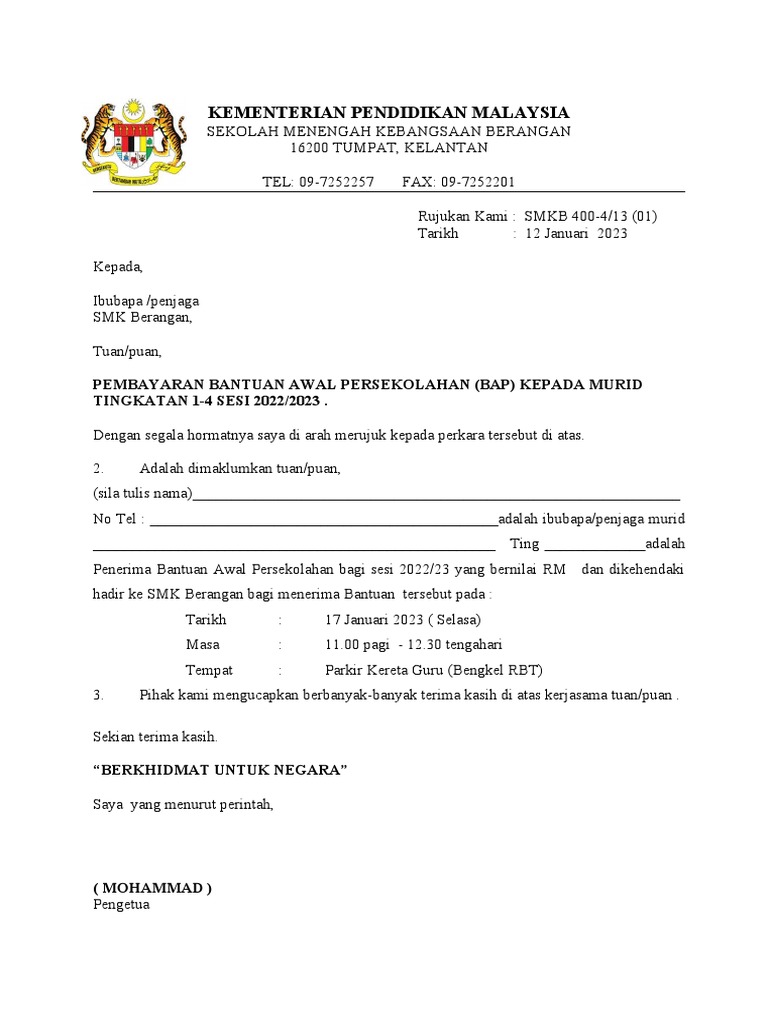 Surat Makluman Ibubapa BAP | PDF