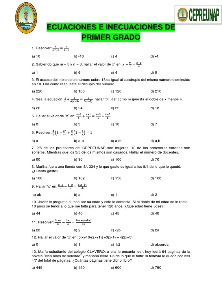 Ecuaciones e Inecuaciones de Primer Grado 2022 | PDF