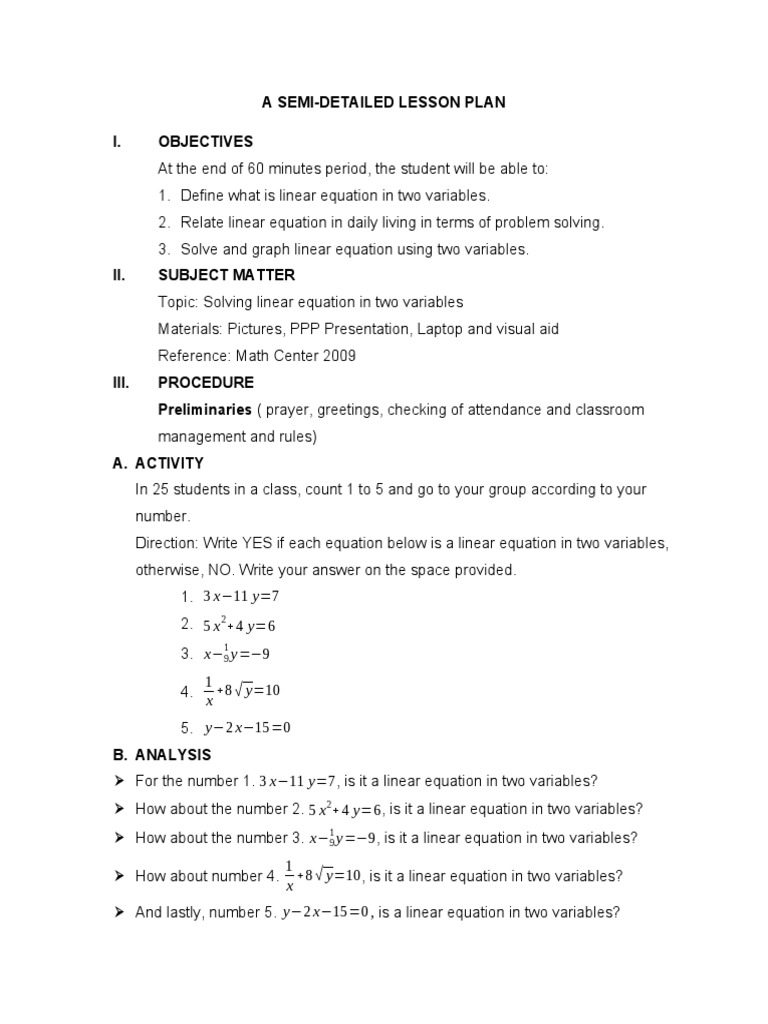 semi detailed lesson plan linear equation | PDF | Equations ...
