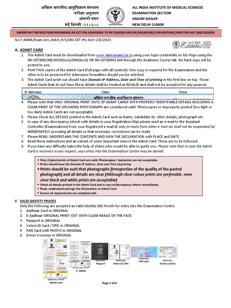 INI-CET 2023 Admit Card Instructions | PDF | Identity Document | Doctor ...