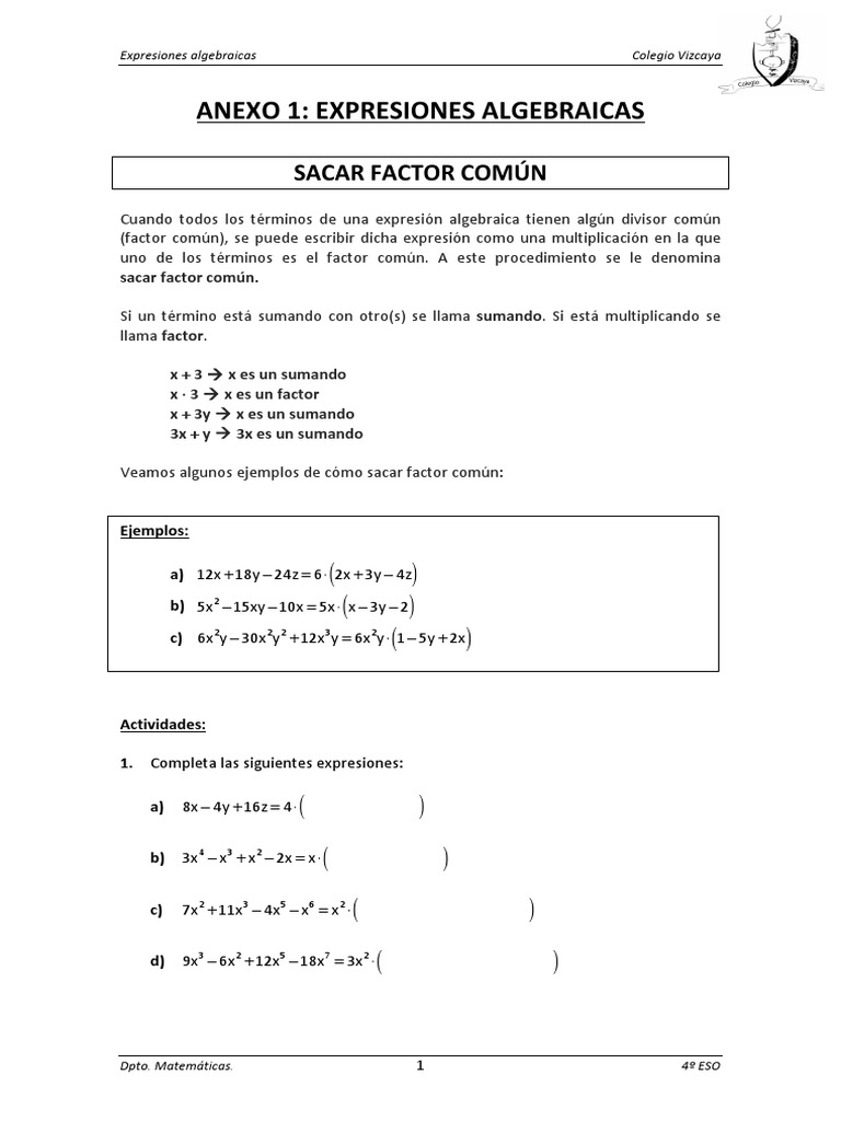 Pluginfile - Php208699mod Resourcecontent1ANEXO2012020EXPRESIONES20ALGEBRAICAS PDF | PDF