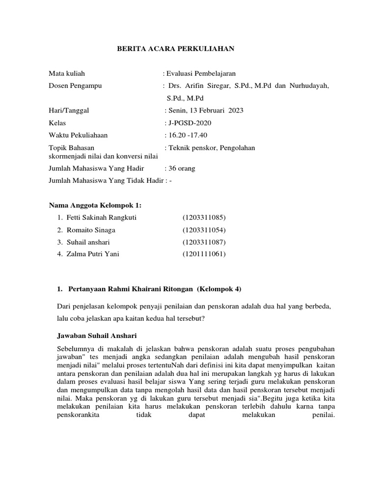 Berita Acara Perkuliahan Kel 1 Evaluasi Pembelajaran | PDF