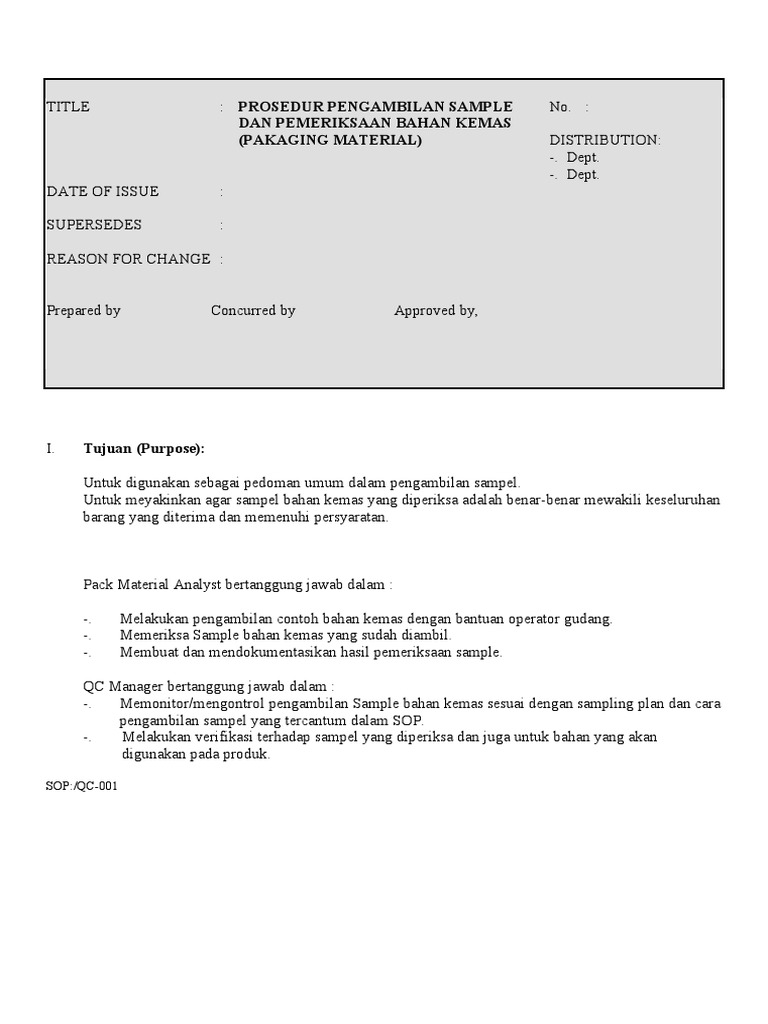 Sop Sampling Bahan Kemas Contoh | PDF