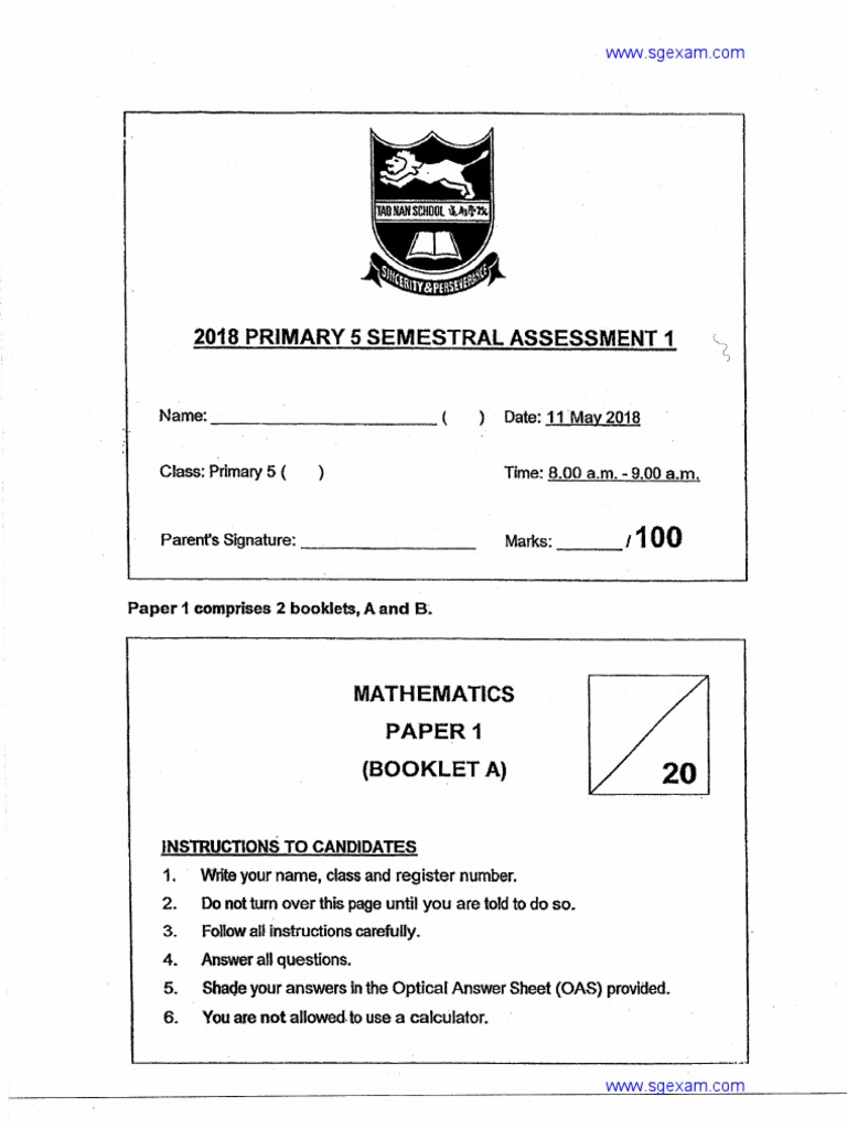 2018-P5-Maths-SA1-Tao Nan | PDF