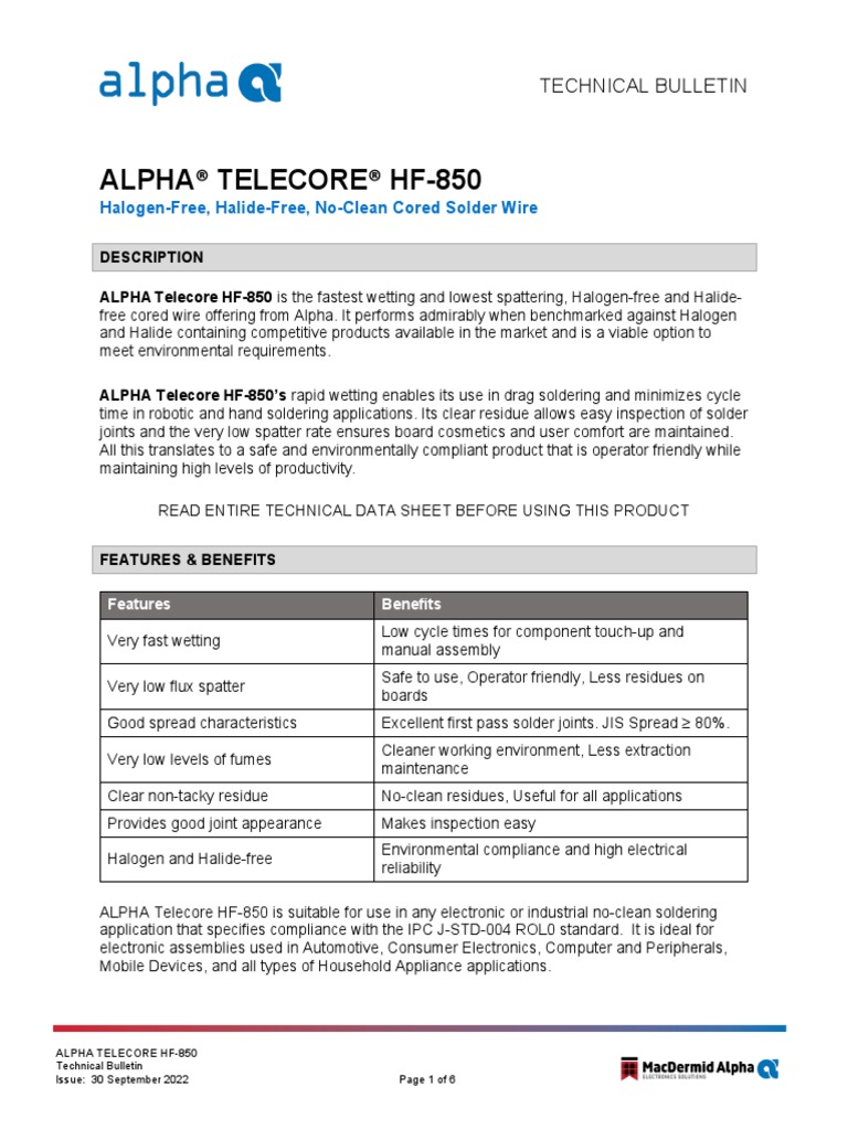 ALPHA TELECORE HF 850 Cored Wire EN 30sep22 TB - 0 | PDF
