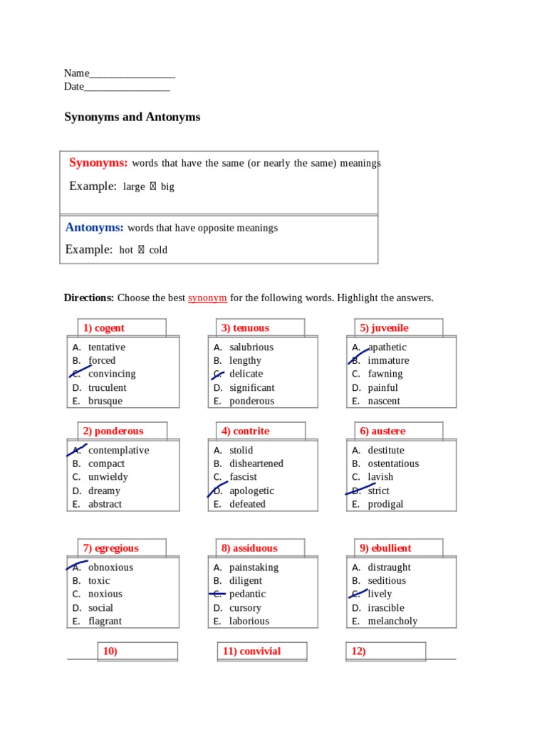 Grade 10 - Synonyms Worksheet | PDF