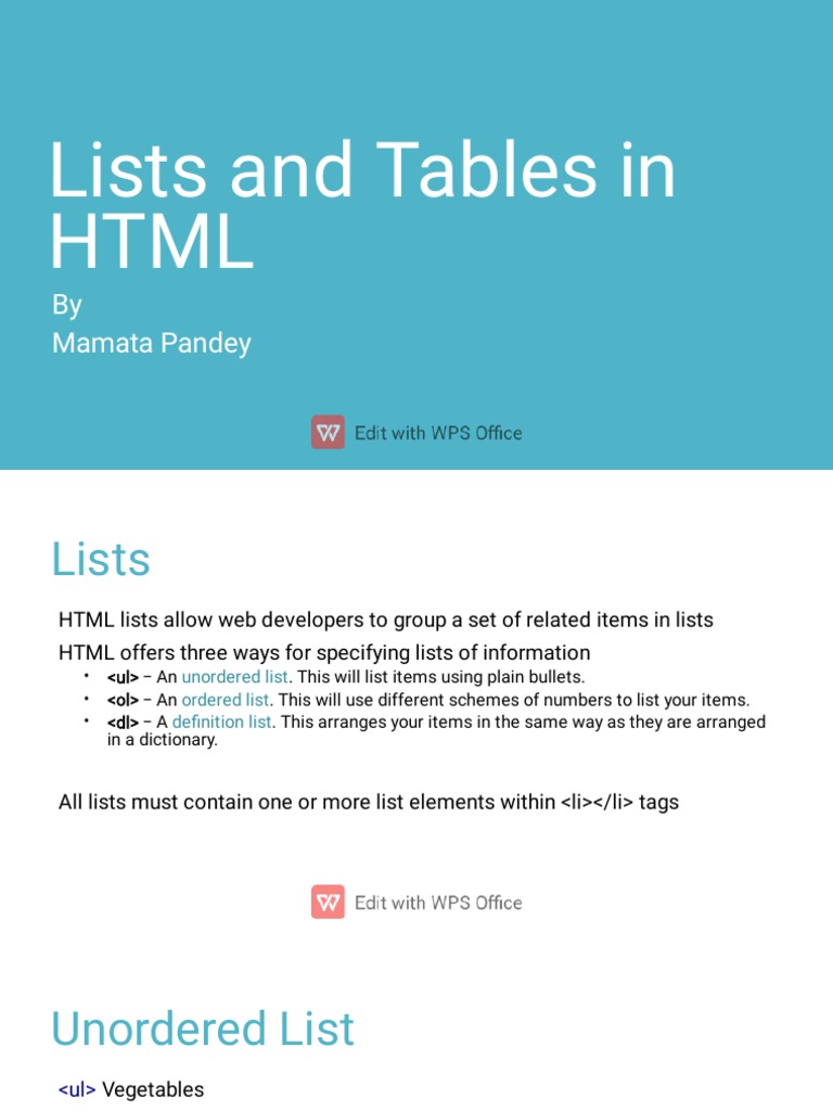 Html Lists And Tables Pdf Html Element Html