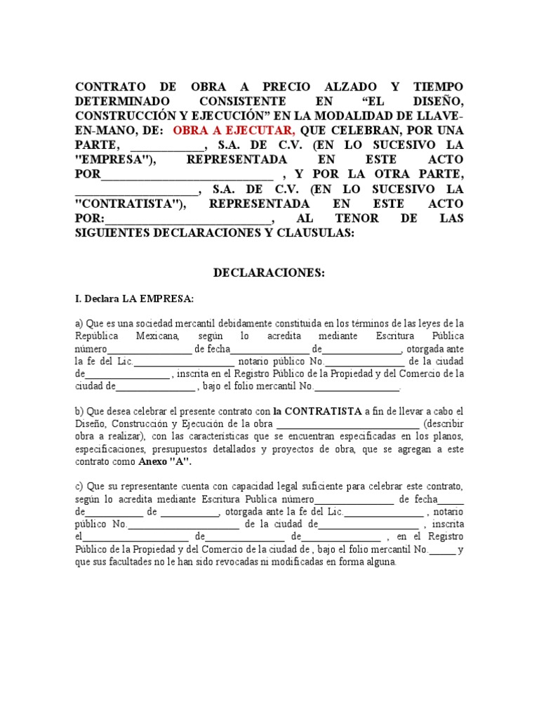 Contrato de Obra A Precio Alzado - Llave en Mano | PDF | Seguro | Contratista general