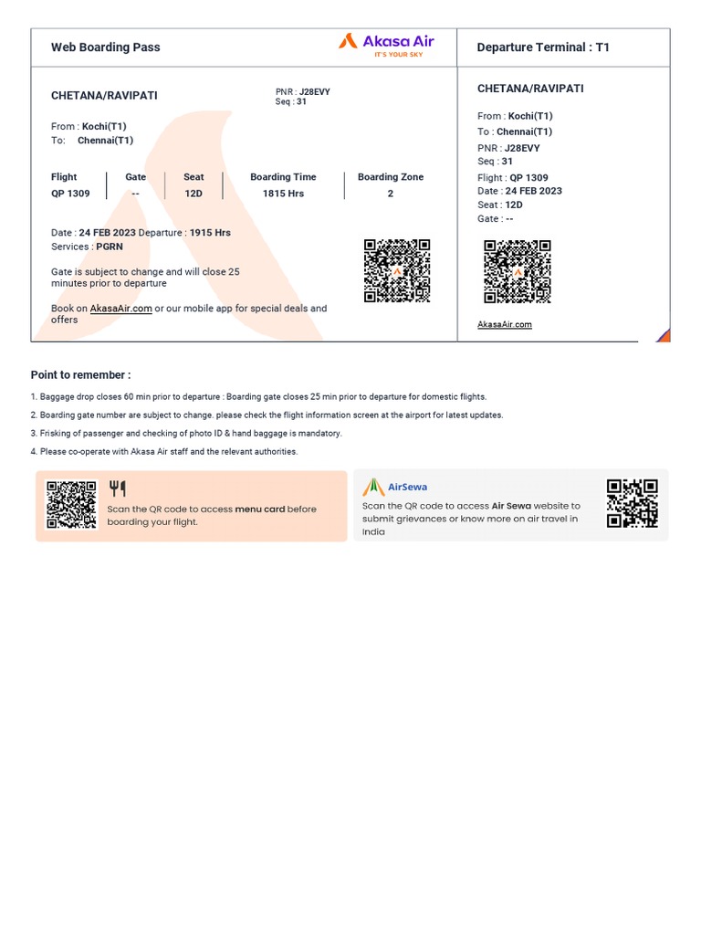 Akasa Air E-boarding Pass - J28EVY - RAVIPATI | PDF