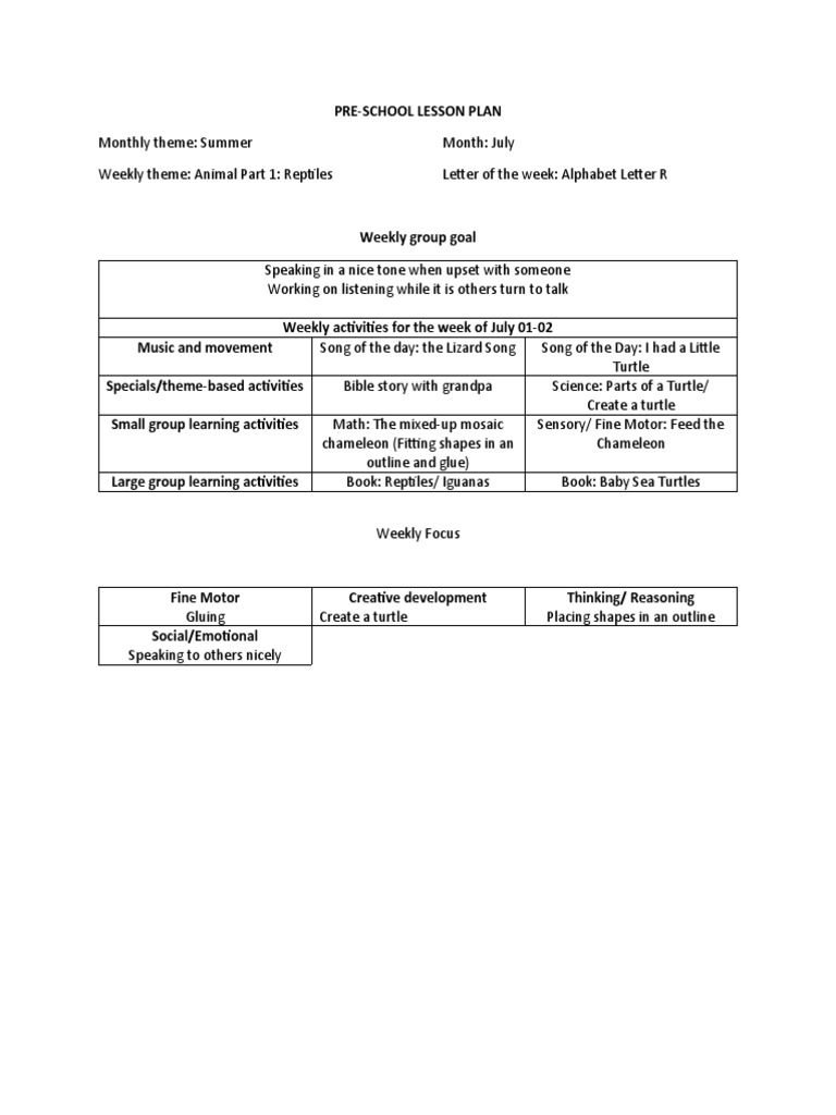 Lesson Plan For Kinder Garten | PDF