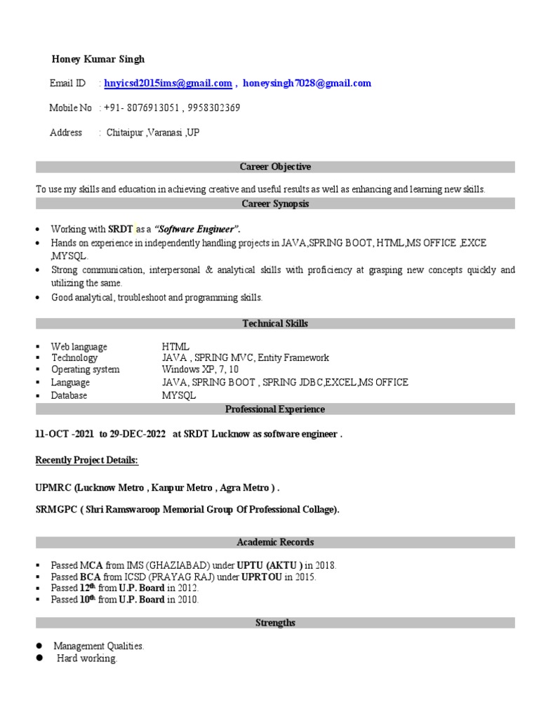 Naukri Honeykumarsingh (1y 3m) | PDF | Spring Framework | Computing