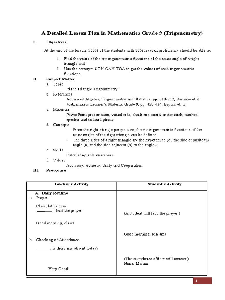 Trigonometry Lesson Plan G9-Q4 | Download Free PDF | Trigonometric ...