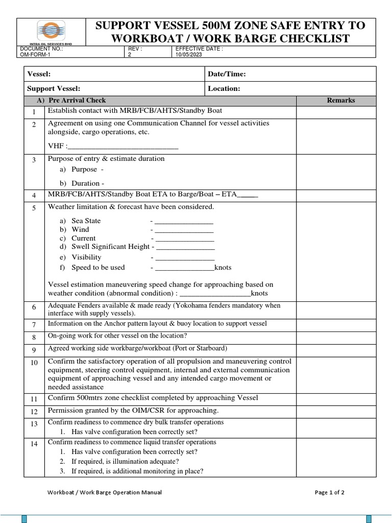 OM-FORM-1 Support Vessel 500M Zone Safe Entry To Workboat or Work Barge ...
