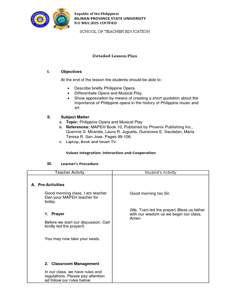 Detailed Lesson Plan Lumbre 1234 | PDF | Opera | Musical Theatre