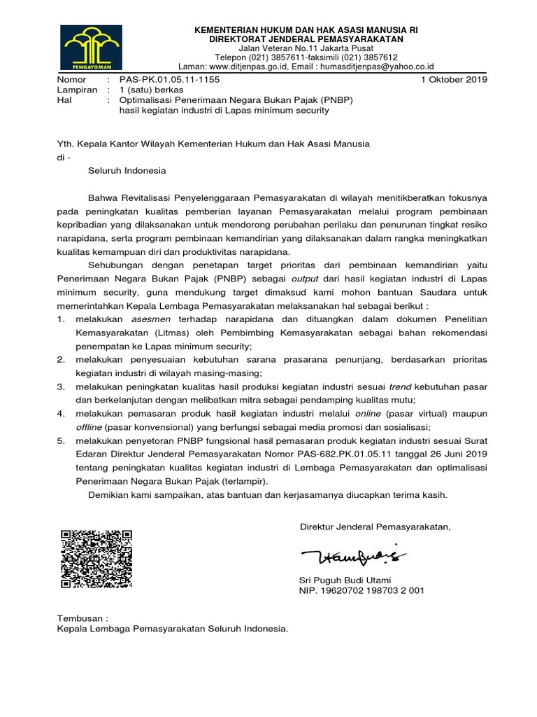 Surat Dirjen Tentang Optimalisasi PNBP Di Lapas Minimum Security Dan SE ...
