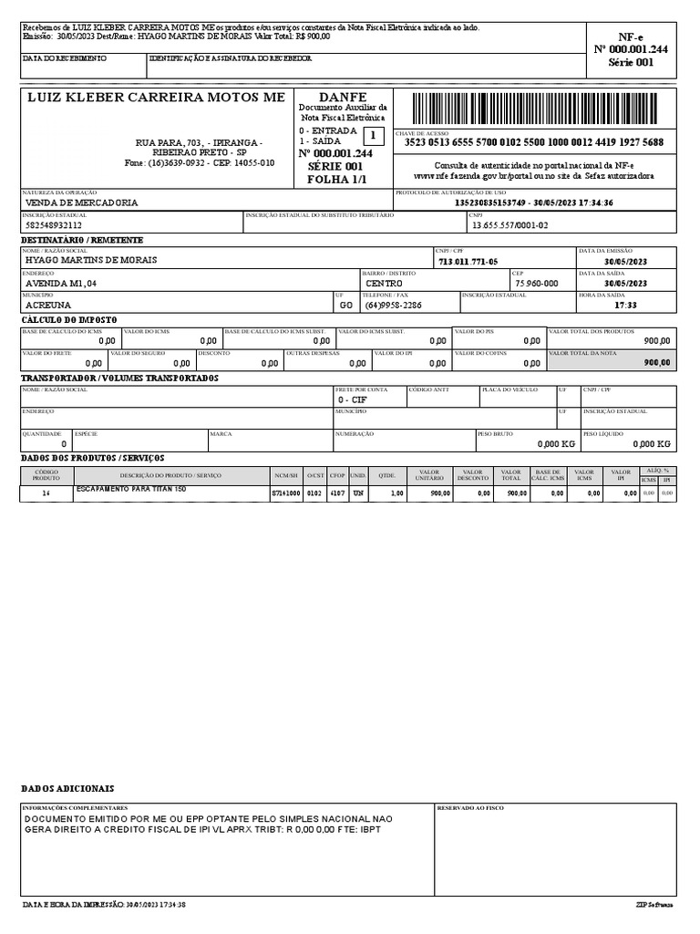 danfe 1244 2 | PDF | Recibo | Documentos empresariais