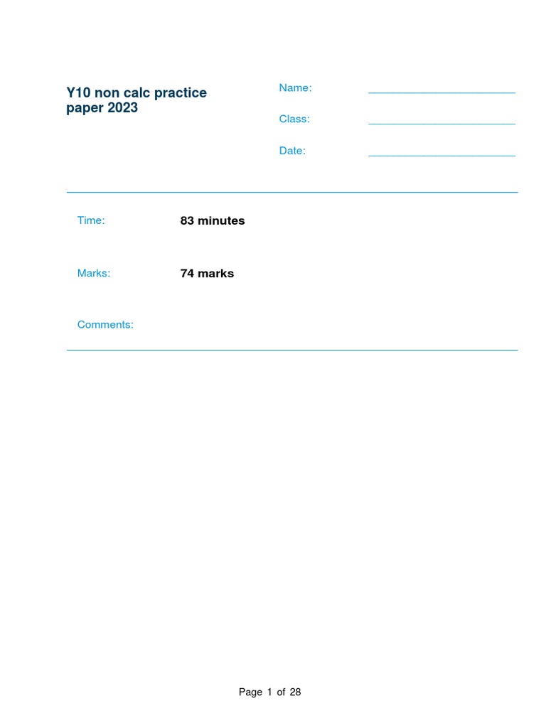 Y10 Non Calc Practice Paper 2023 | PDF | Area | Elementary Mathematics
