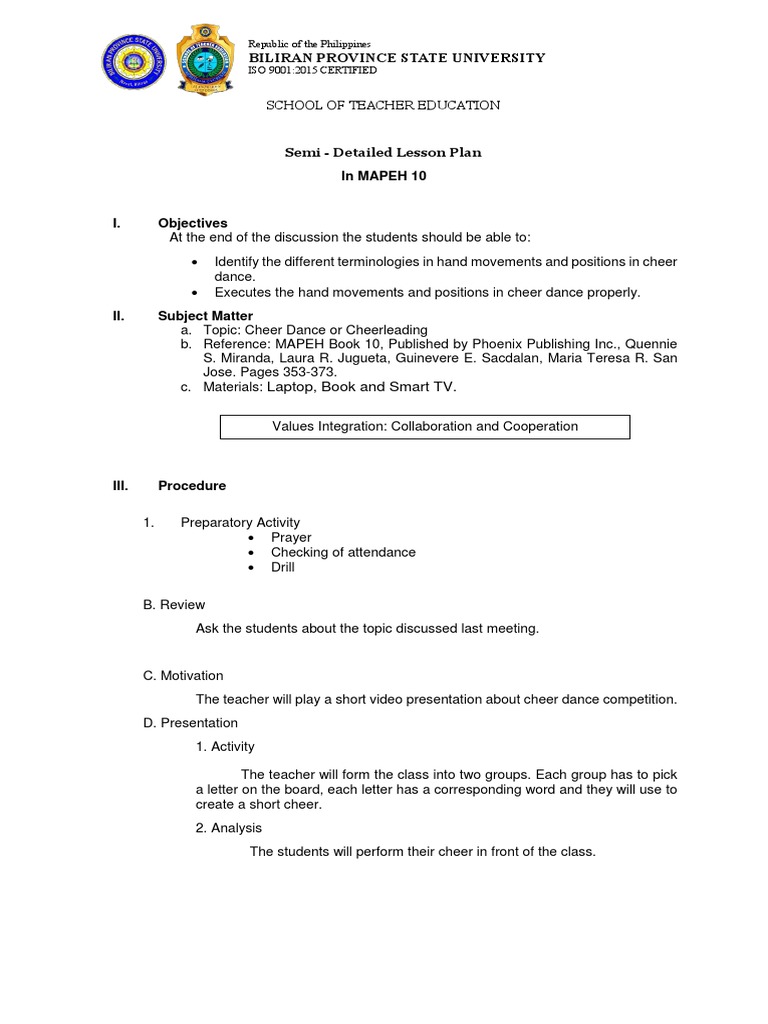 Cheer Dance Lesson Plan | PDF | Cheerleading | Lesson Plan