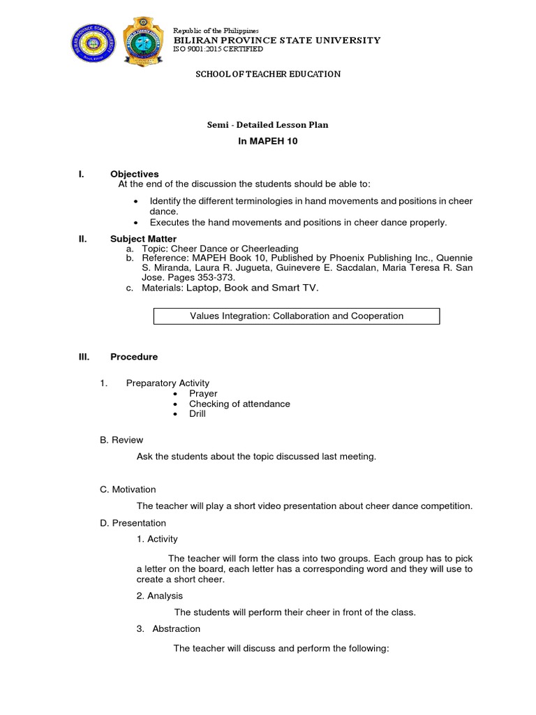 Semi-Detailed Lesson Plan Pe4thq4 | PDF | Cheerleading | Lesson Plan