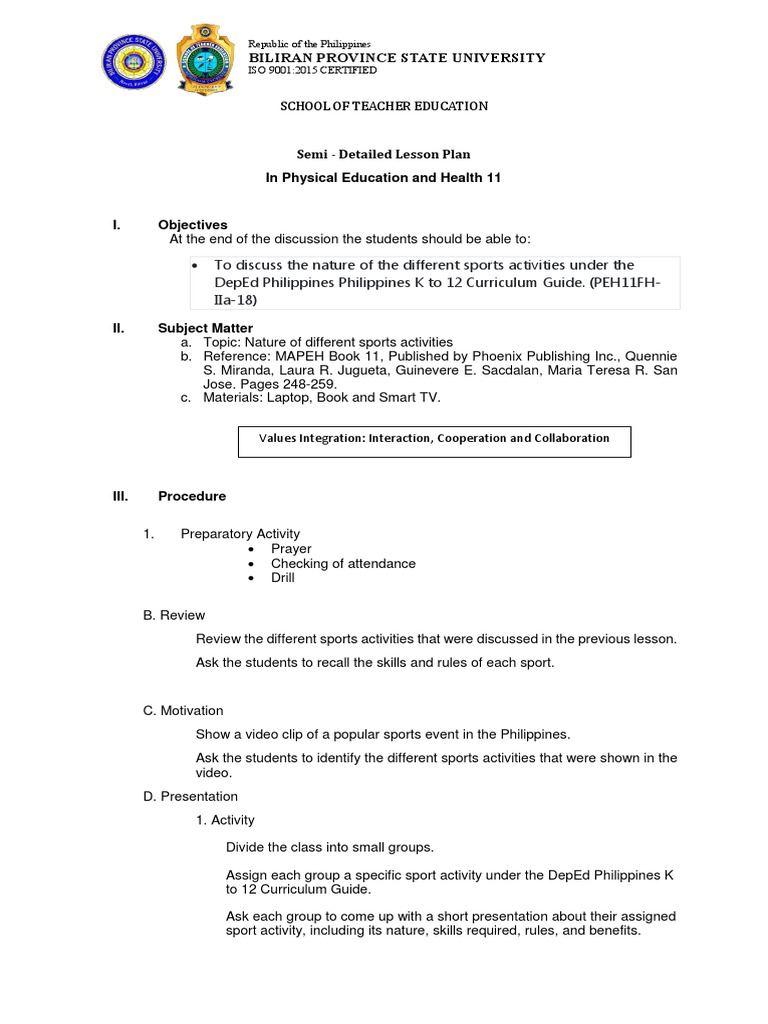 PE Lesson Plan: Sports Activities Overview | PDF | Sports | Lesson Plan