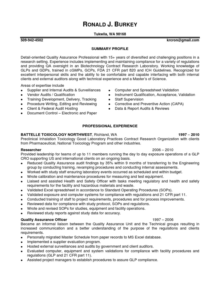 GLP QA Auditor in Seattle WA Resume Ronald Burkey | Audit | Technology
