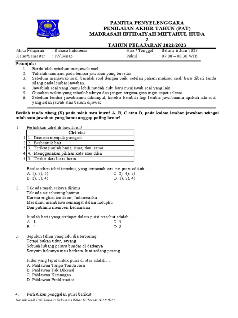 Naskah Soal PAT Bahasa Indonesia Kelas IV | PDF | Seni & Disiplin Bahasa | Seni