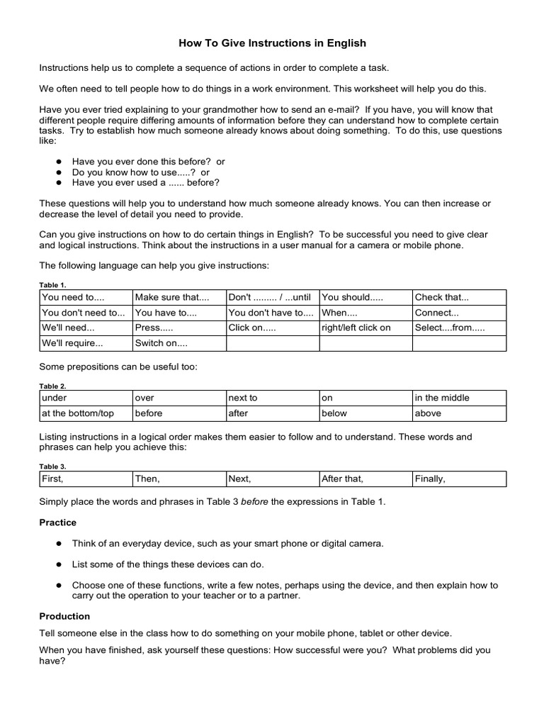 How To Give Instructions in English: Practice | PDF