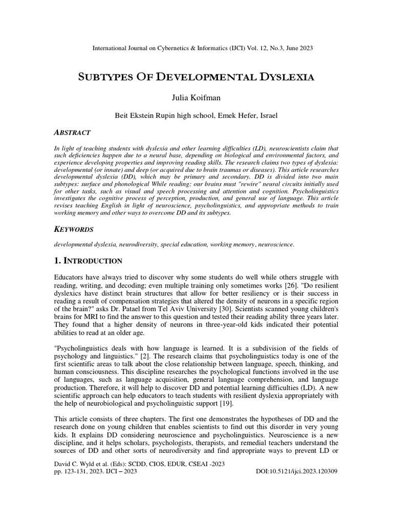 Subtypes of Developmental Dyslexia | PDF | Dyslexia | Working Memory