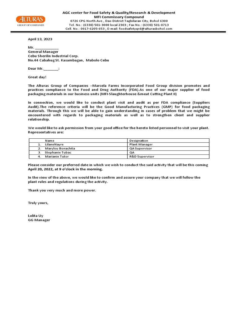 Plant Visit Request (Sherilin) | PDF