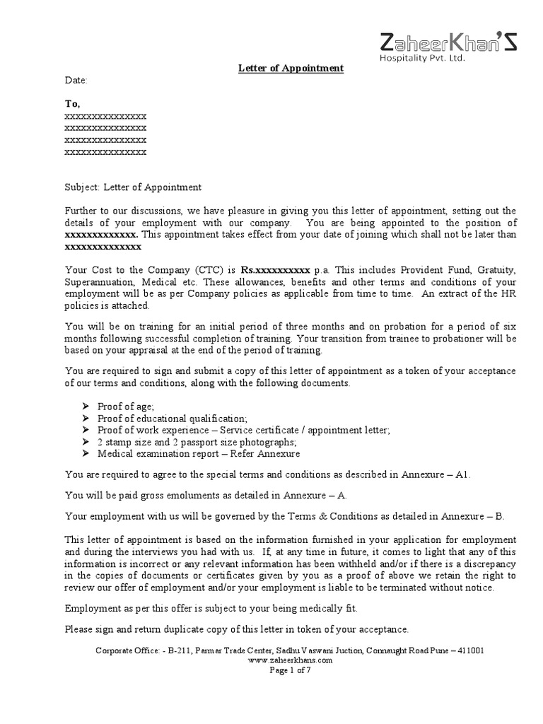 Appointment Letter For Trainees | PDF | Employment | Salary
