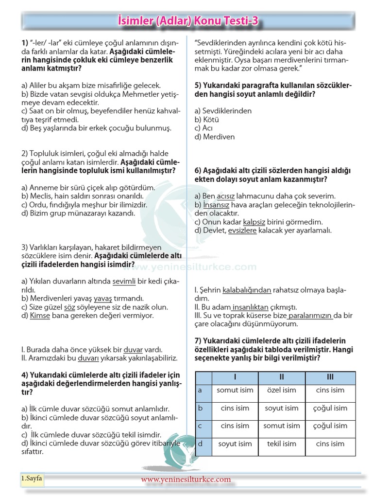 9.sinif Turkce Isimler Test Sorulari Ve Cevaplari 3 | PDF